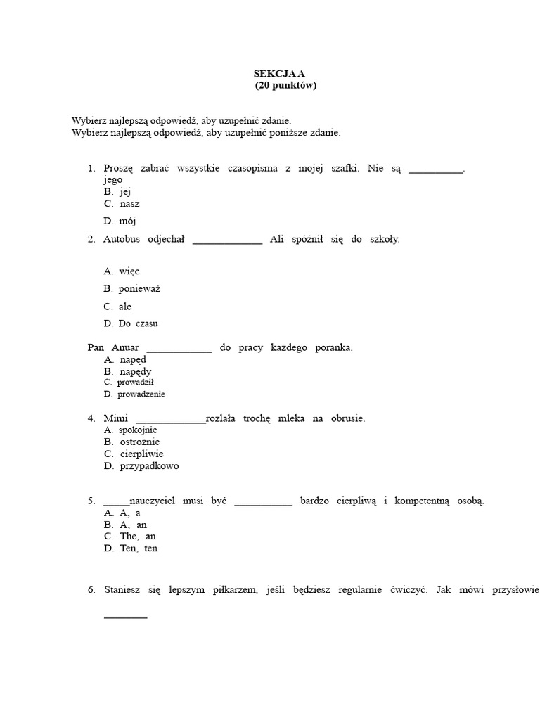 Angielski Rok 6 UPPA Sekcja A Papier 1 2016 | PDF