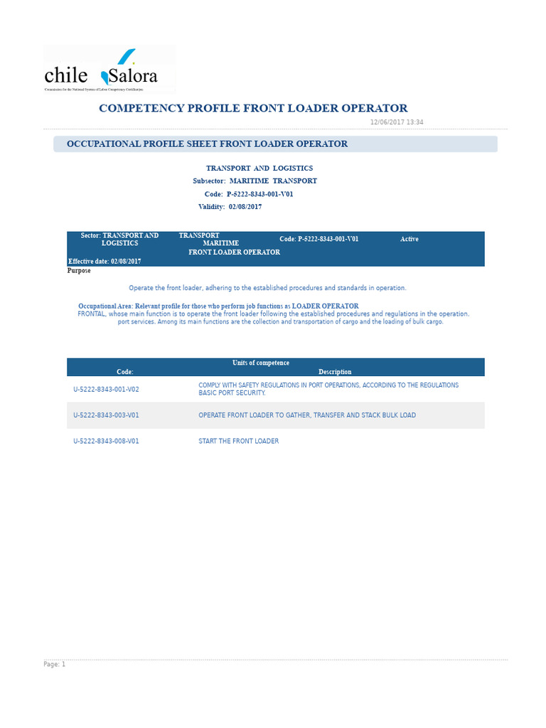 Front Loader Operator Competency Profile | PDF | Knowledge | Safety