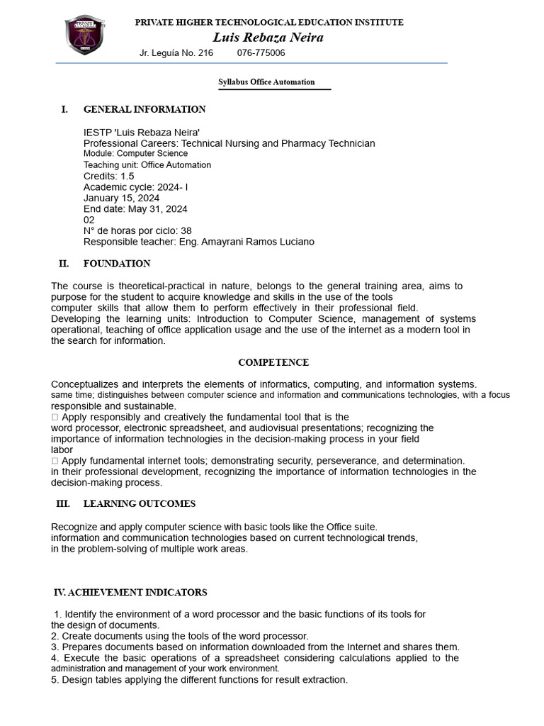 Syllabus Office Automation II Cycle-2024-I | PDF | Microsoft Excel | Spreadsheet