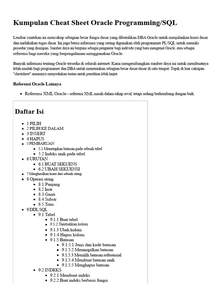 Cheatsheet Pemrograman SQL Oracle | PDF