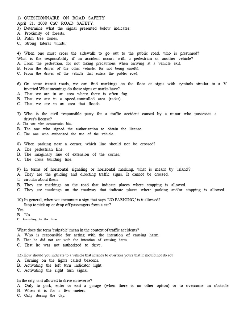 Questionnaire On Road Safety | PDF | Traffic | Traffic Light
