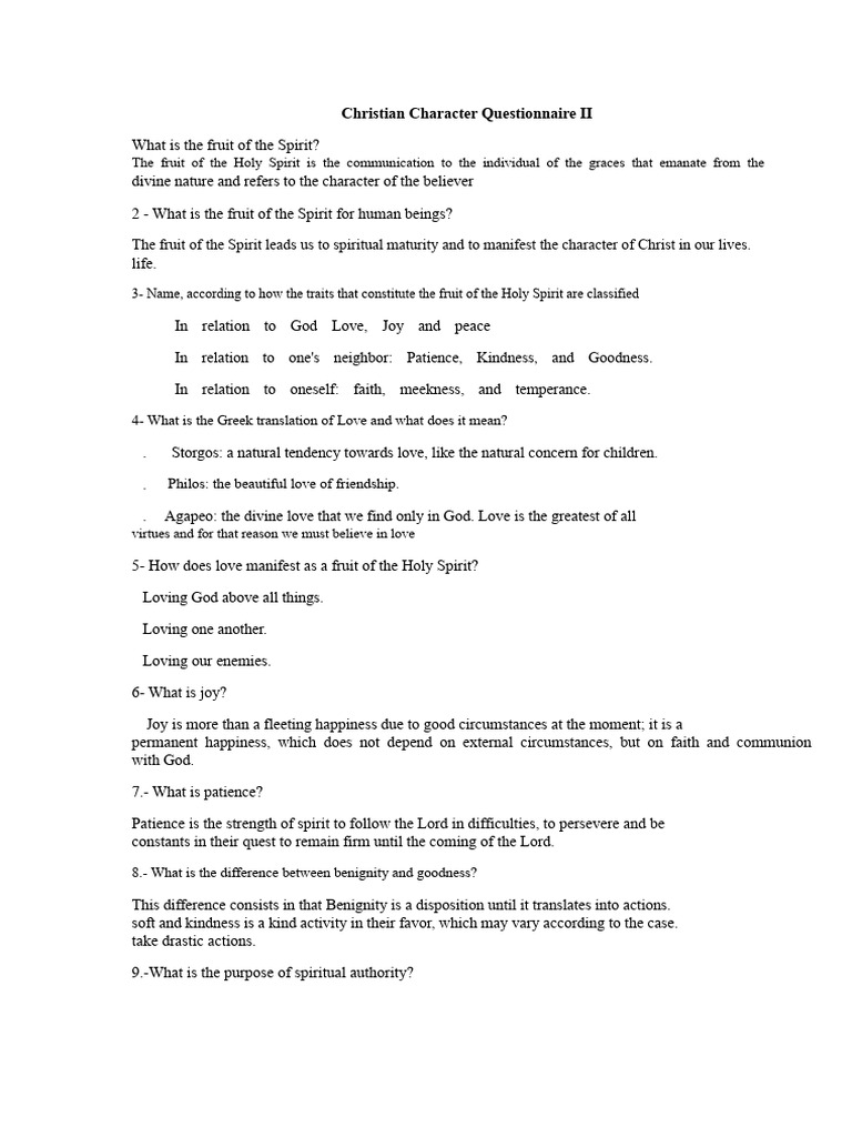 Christian Character Questionnaire II | PDF | Fruit Of The Holy Spirit ...