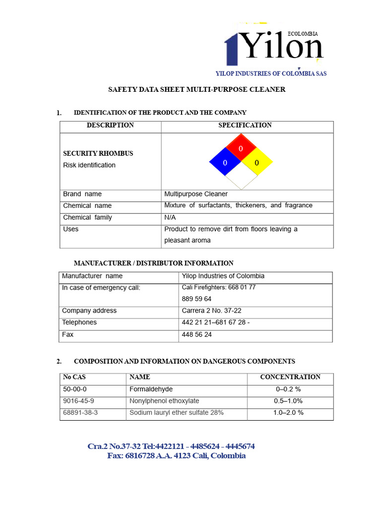 Yilop Multi-Purpose Cleaner Safety Data | PDF | Toxicity | Waste