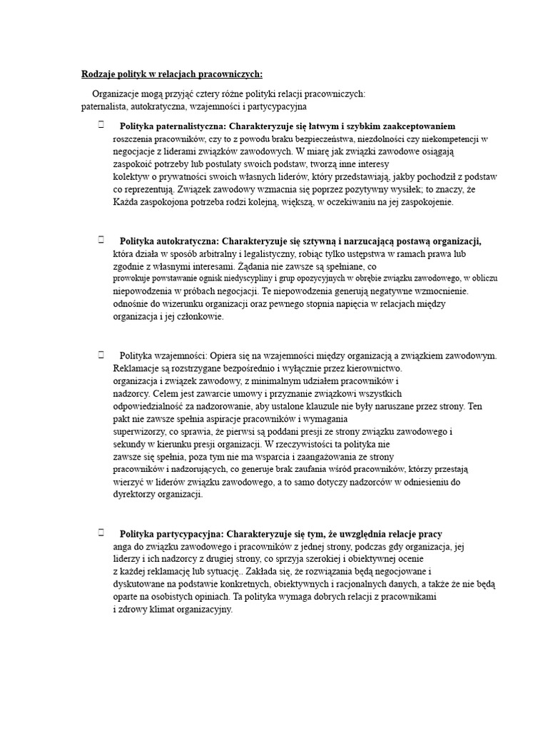 3 Rodzaje Polityk W Stosunkach Pracy | PDF