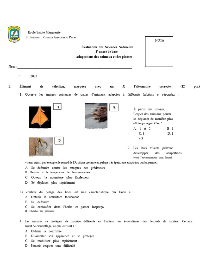 Évaluation Des Adaptations Des Animaux Et Des Plantes | PDF | Plantes ...