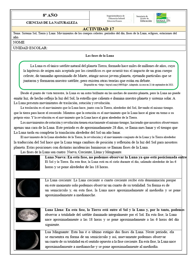 Actividad 17 8o CIE Sistema Sol Tierra y Luna | PDF | Luna | Eclipse