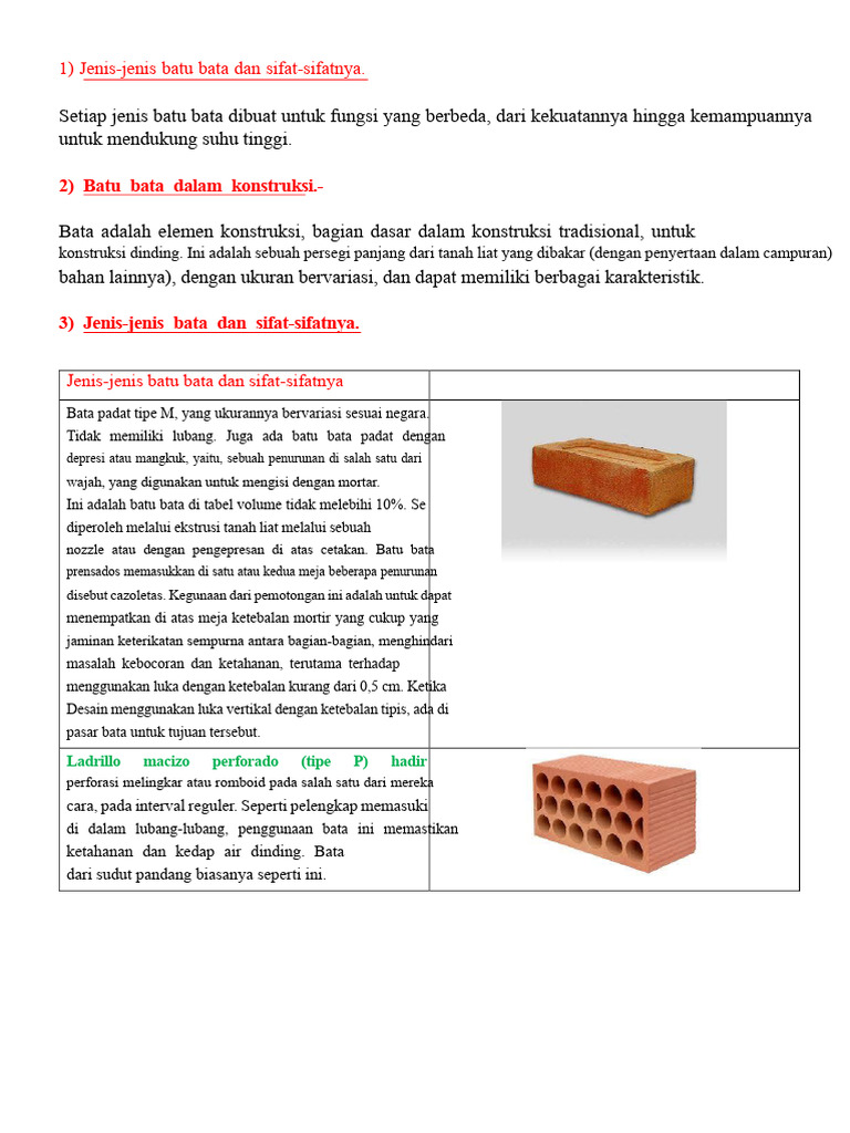 Jenis dan Sifat Batu Bata dalam Konstruksi | PDF