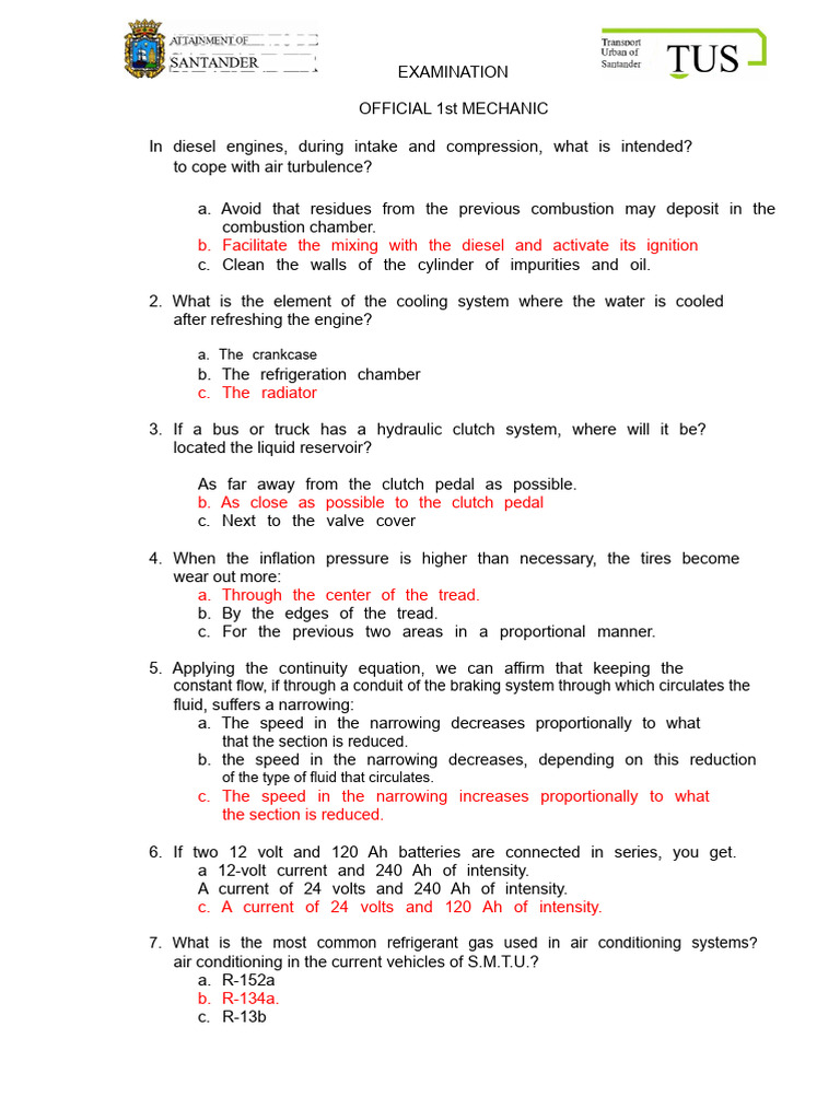 Your Official Mechanic Questions Answers Complete Exam | PDF | Diesel ...