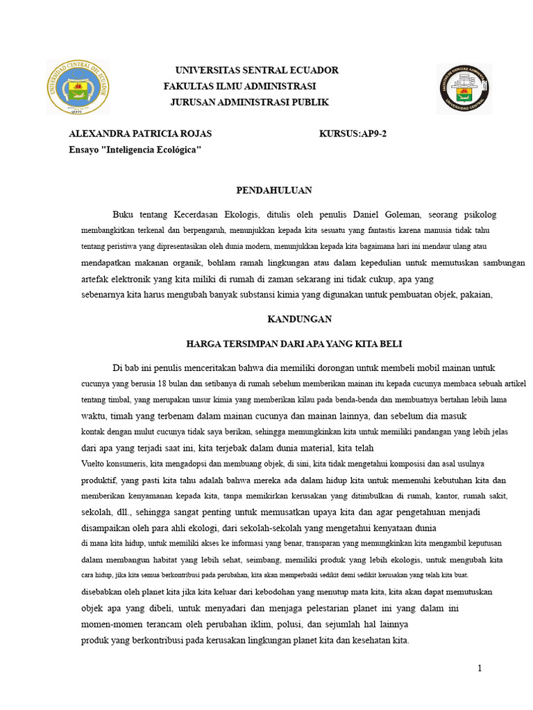 Esai Tentang Kecerdasan Ekologis Daniel Goleman | PDF