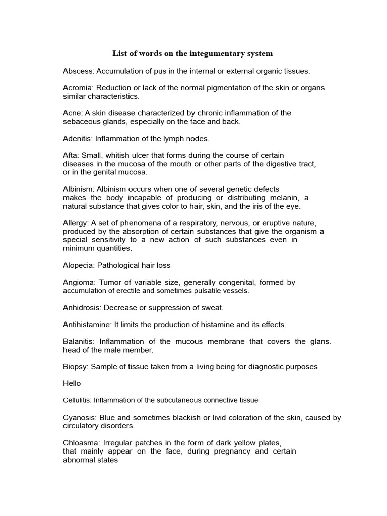 List of Words Integumentary System | PDF | Joint | Skin