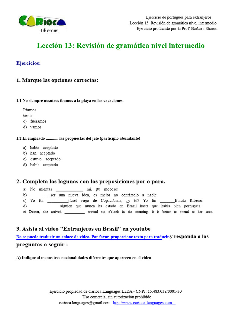 Lección 13 Revisión de Gramática Nivel Intermedio Carioca Languages ...