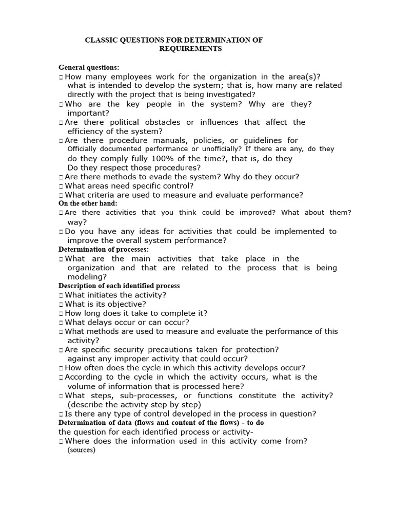 Essential Questions for Requirements Gathering | PDF | Information | Data
