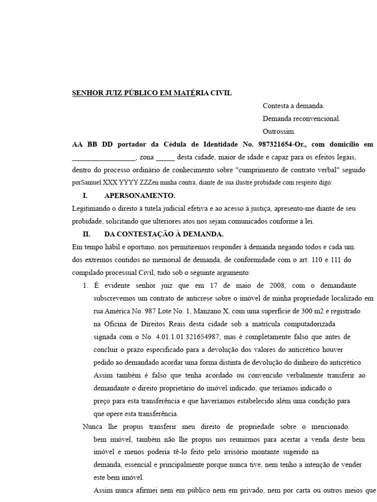 Contestação de Demanda Civil sobre Anticrese | PDF | Empréstimos ...