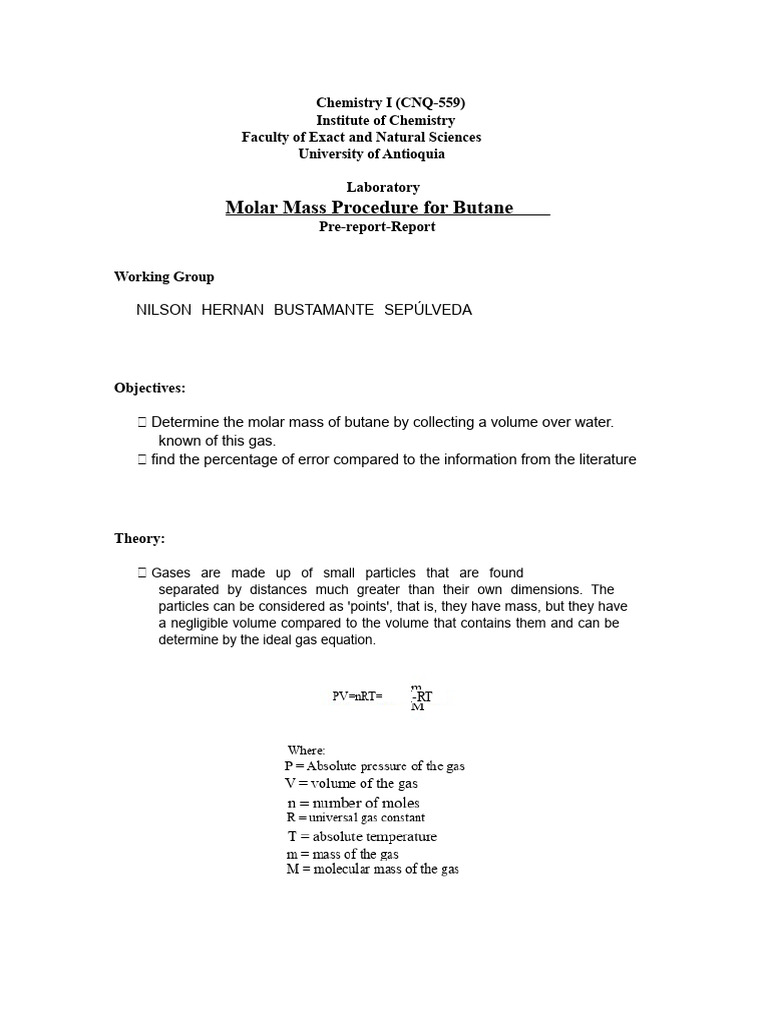 Molar Mass Determination of Butane | PDF | Gases | Mole (Unit)