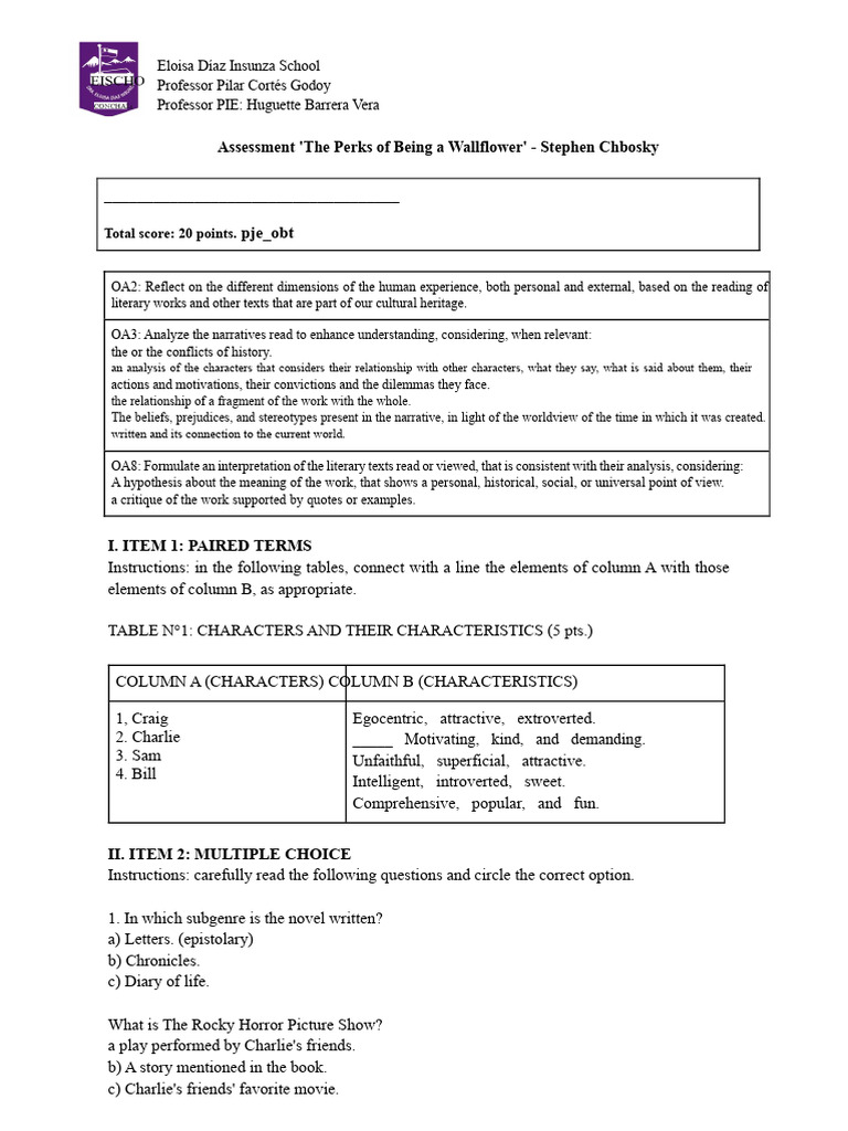 Evaluation "The Perks of Being A Wallflower" (6 Copies) | PDF ...