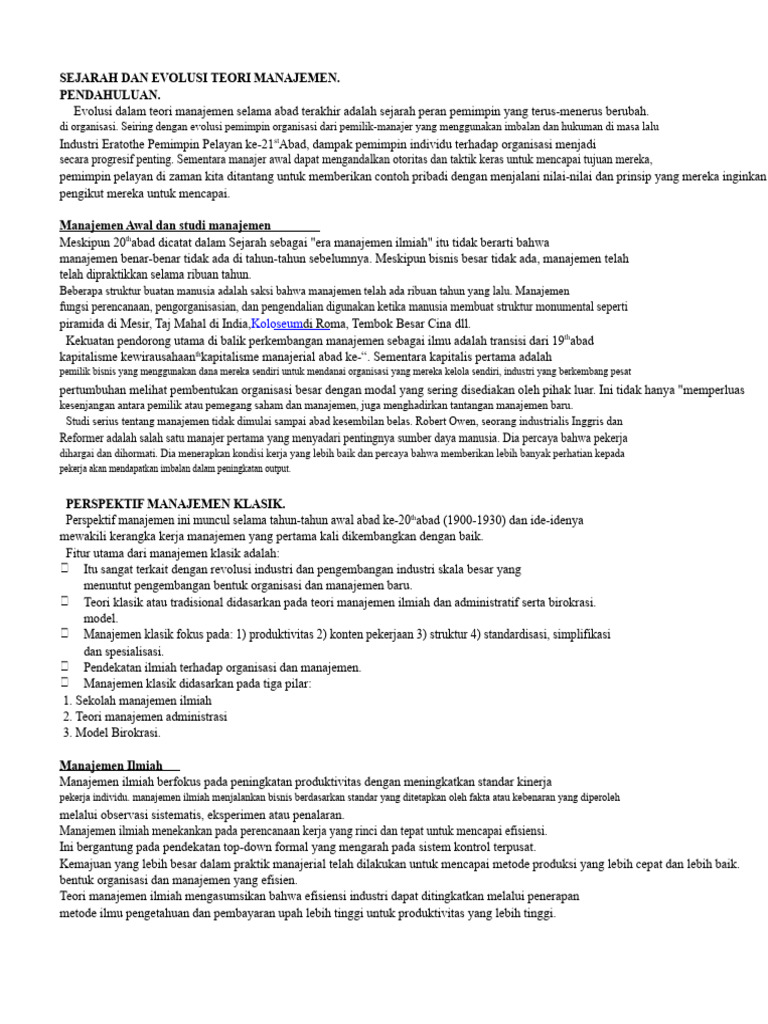 Sejarah Dan Evolusi Teori Manajemen | PDF