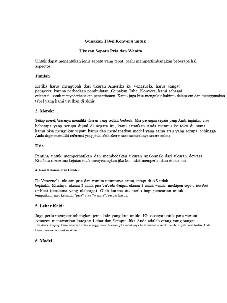 Tabel Konversi Ukuran Sepatu Pria & Wanita | PDF
