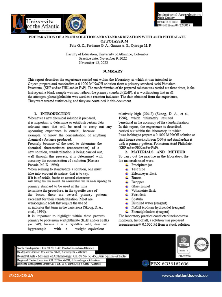 NaOH Solution Preparation and KHP Standardization | PDF | Titration ...