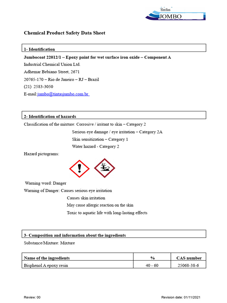 FISPQ - JUMBO Epoxy Paint For Wet Surface Iron Oxide | PDF | Toxicity ...