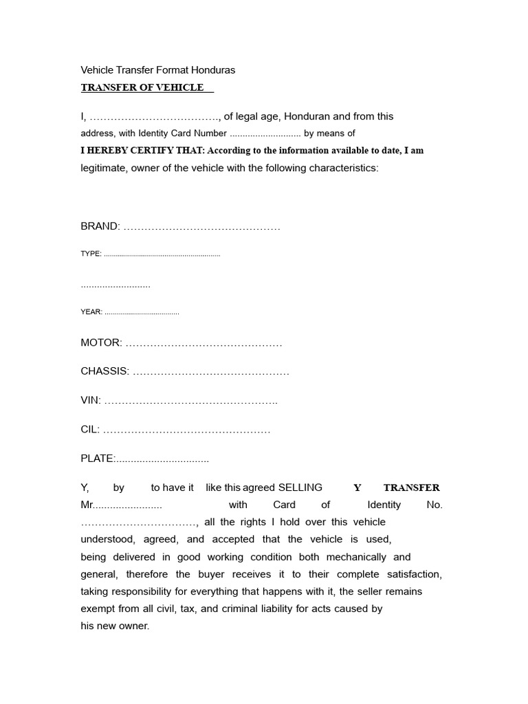 Vehicle Transfer Form Honduras | PDF