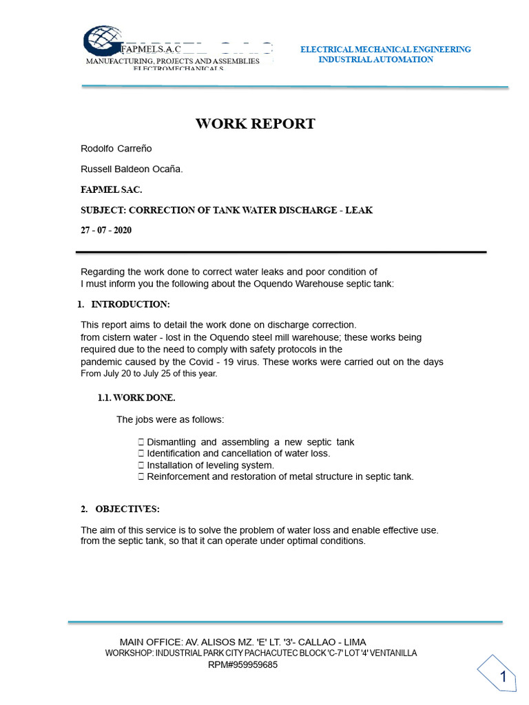 Work Report - Water Discharge Correction and Septic Tank Enablement ...