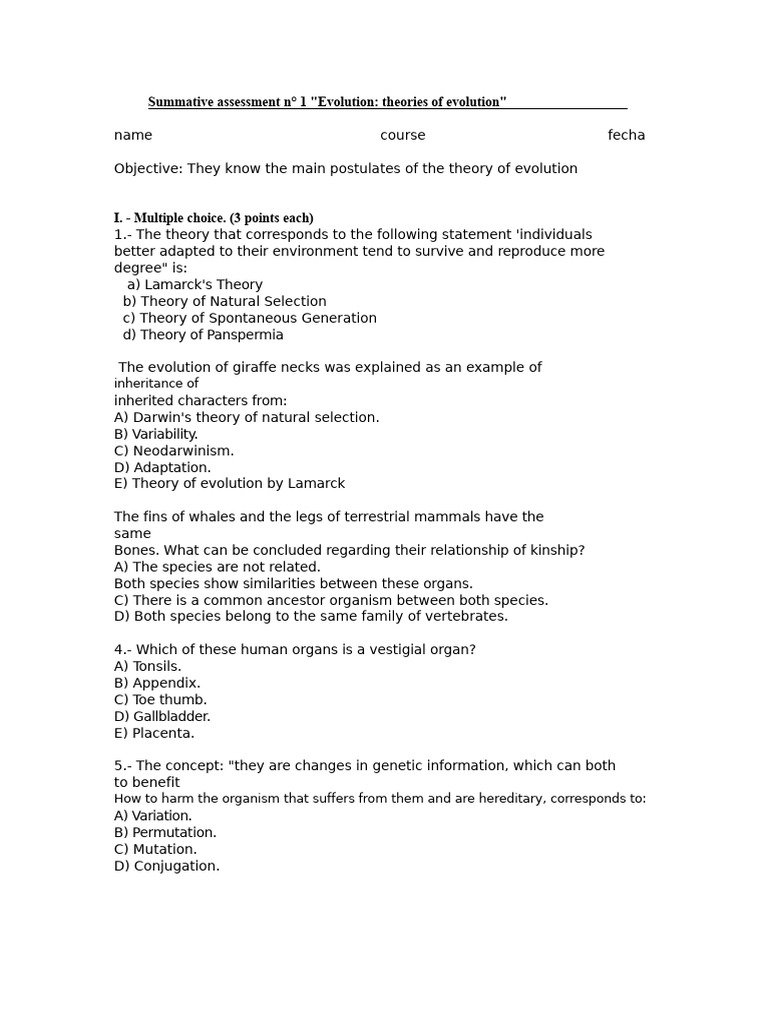 Evolution and Biodiversity Test | PDF | Evolution | Species