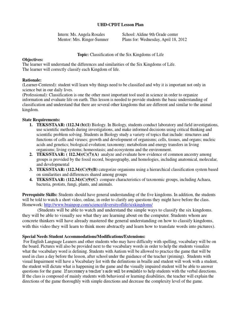 Angela Rosales: Lesson Plan On Classification | PDF | Taxonomy (Biology ...