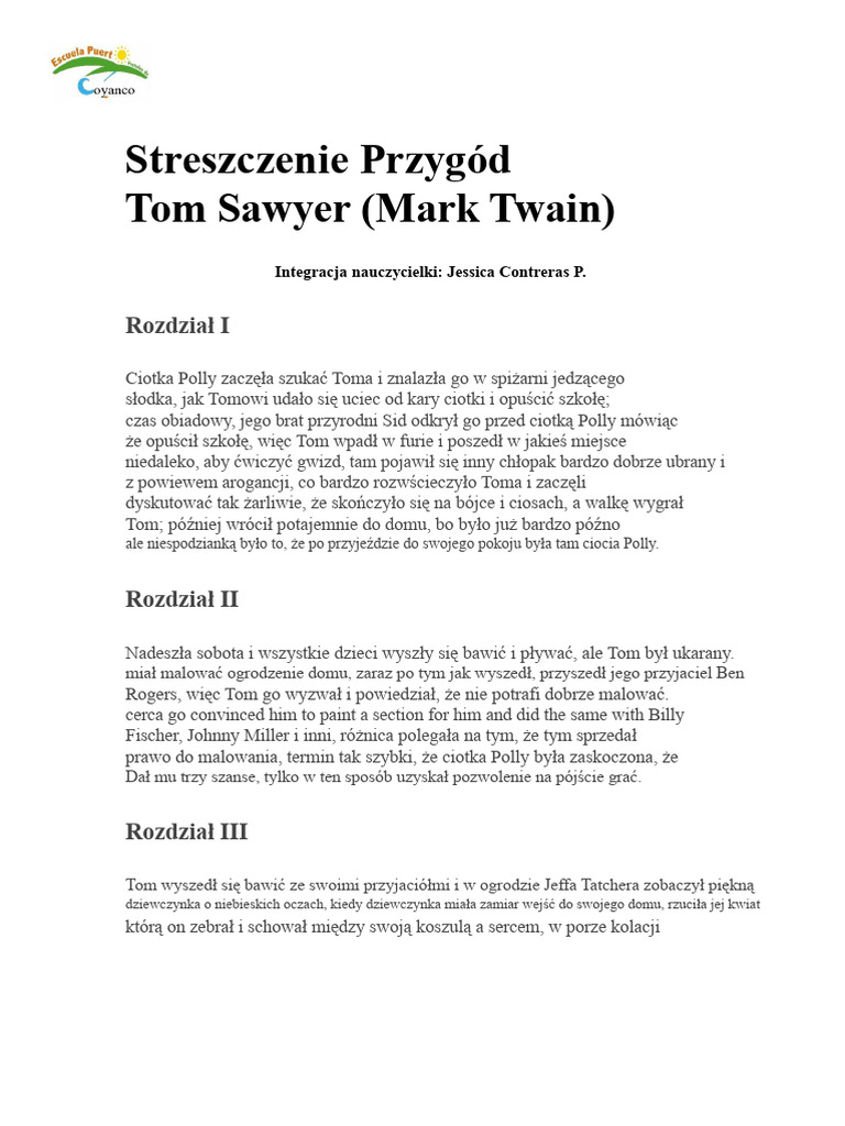 Streszczenie Przygód Tomka Sawyera | PDF