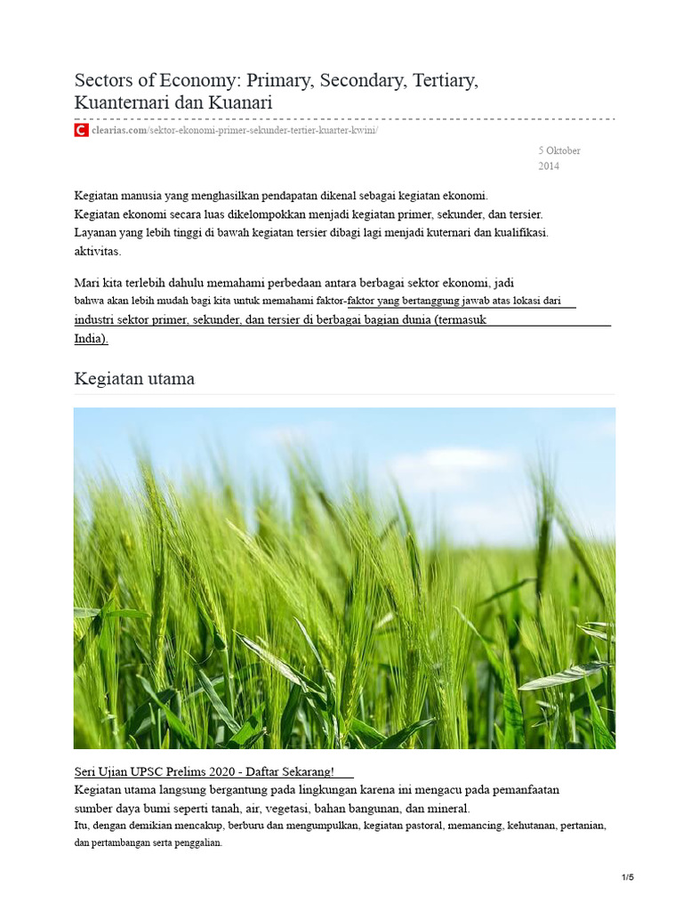 Sektor Ekonomi Primer Sekunder Tersier Kuarter Dan Kuinten | PDF