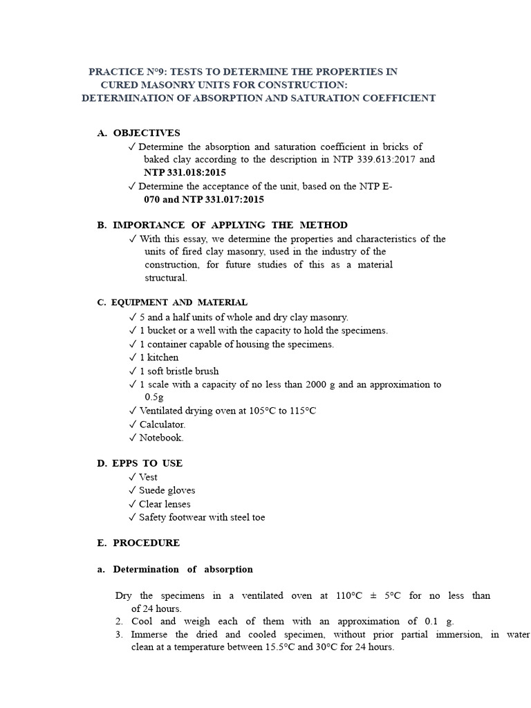 Absorption & Saturation Tests for Bricks | PDF | Water | Brick