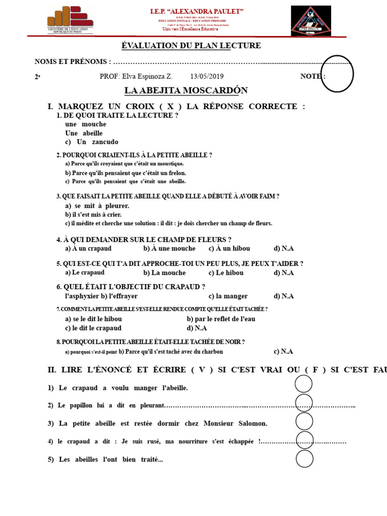Évaluation de lecture : La petite abeille | PDF