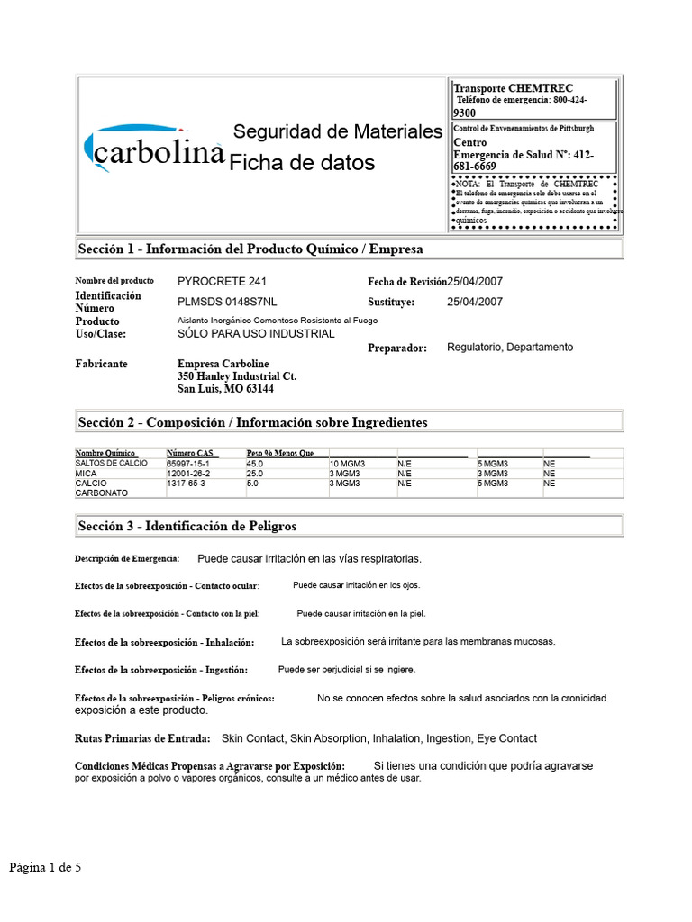 Pyrocrete 241 MSDS | PDF | Ventilación (Arquitectura) | Agua