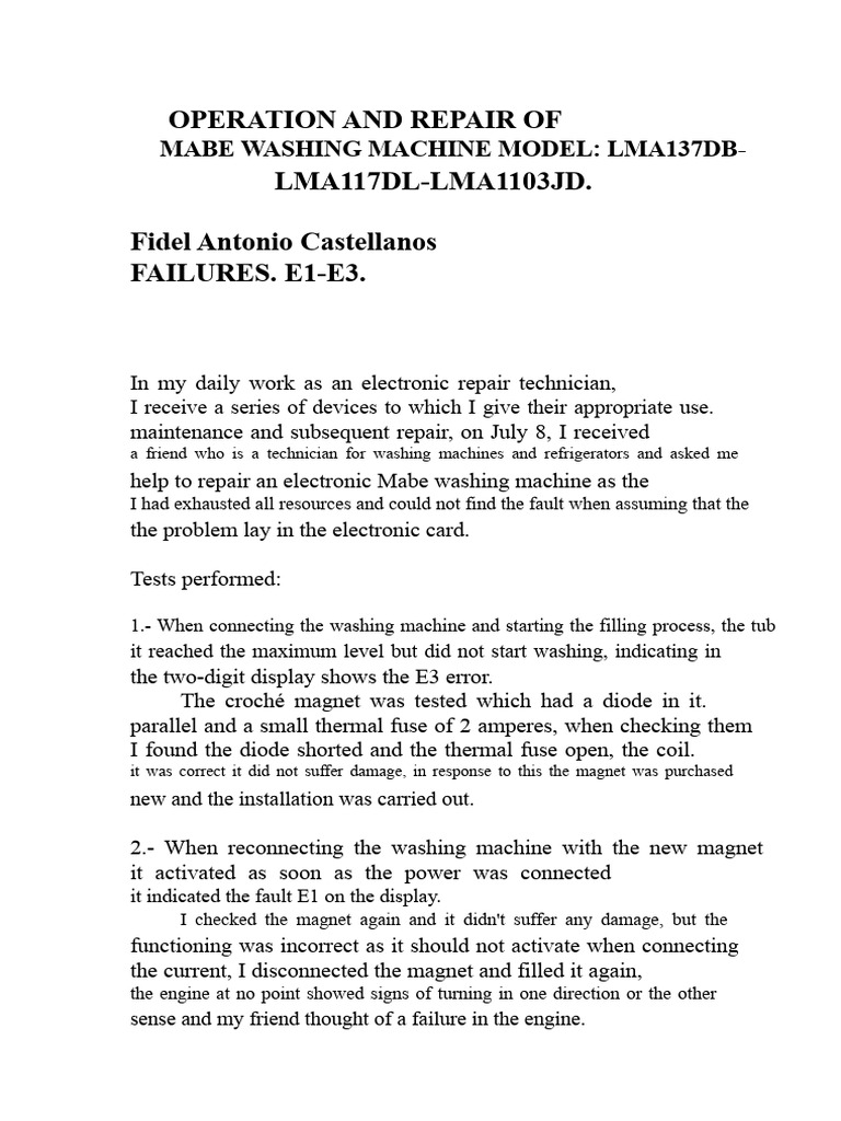 Operation and Repair of Mabe Washing Machine LMA137DB | PDF | Washing ...