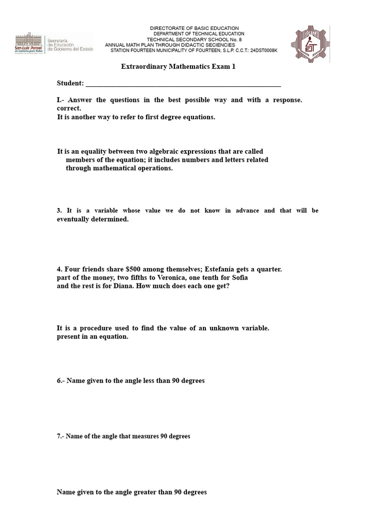 Extraordinary Exam For First Grade | PDF | Equations | Mathematics