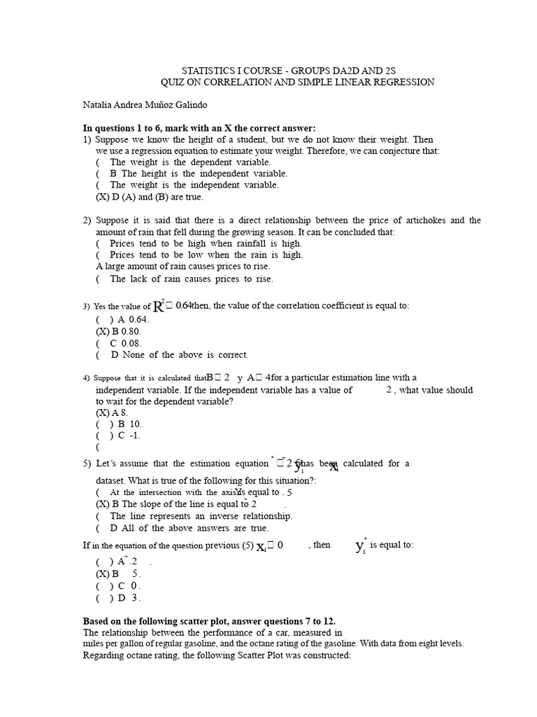 Correlation & Regression Quiz for Statistics | PDF | Linear Regression ...