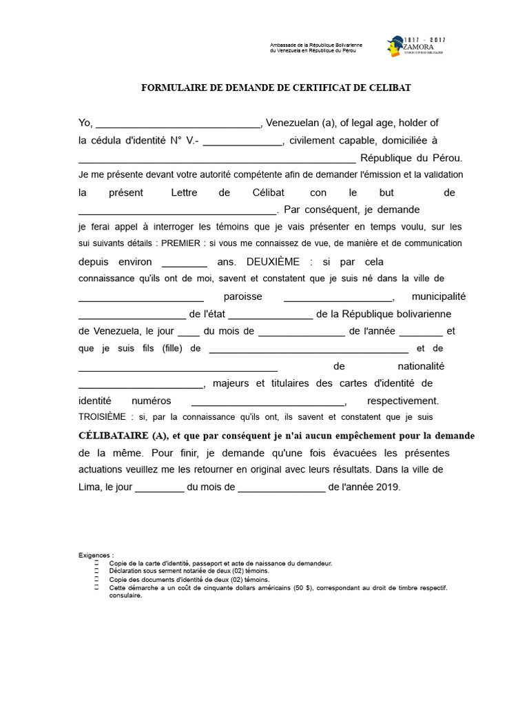 Demande de certificat de célibat Venezuela | PDF