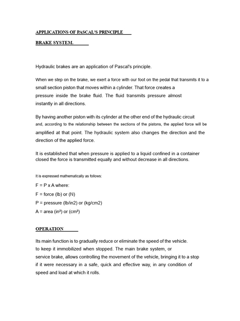 APPLICATIONS OF PASCAL'S PRINCIPLE FIM | PDF | Liquids | Brake