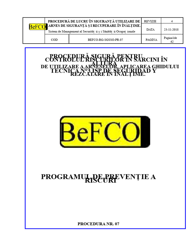 PR.07. - PROCED UTILIZARE CENTURA DE SIGURANȚĂ, LUCRU LA ÎNĂLȚIME ȘI SALVARE Act | PDF