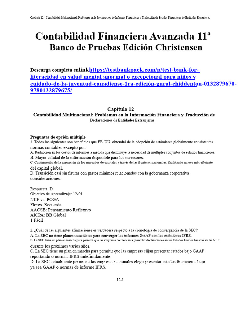 Contabilidad Financiera Avanzada 11 Edición Christensen Banco de Pruebas Descargar | PDF ...