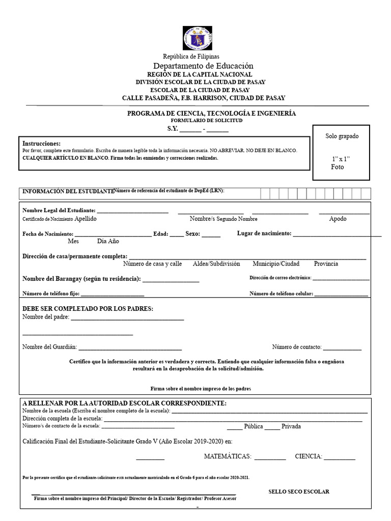 FORMULARIO DE SOLICITUD para La Admisión A PCWHS-STE | PDF ...