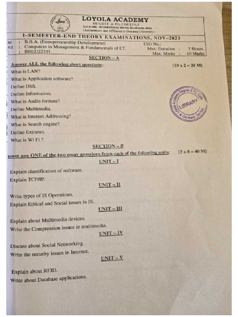 Management Foundation, English, Computers Question Paper | PDF
