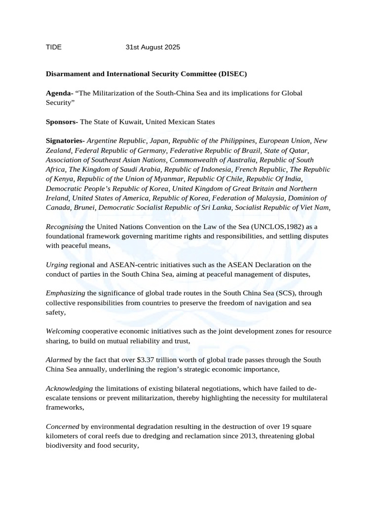 Iish Mun 2025 Disec T.I.D.E Draft Resolution Final | PDF | South China ...