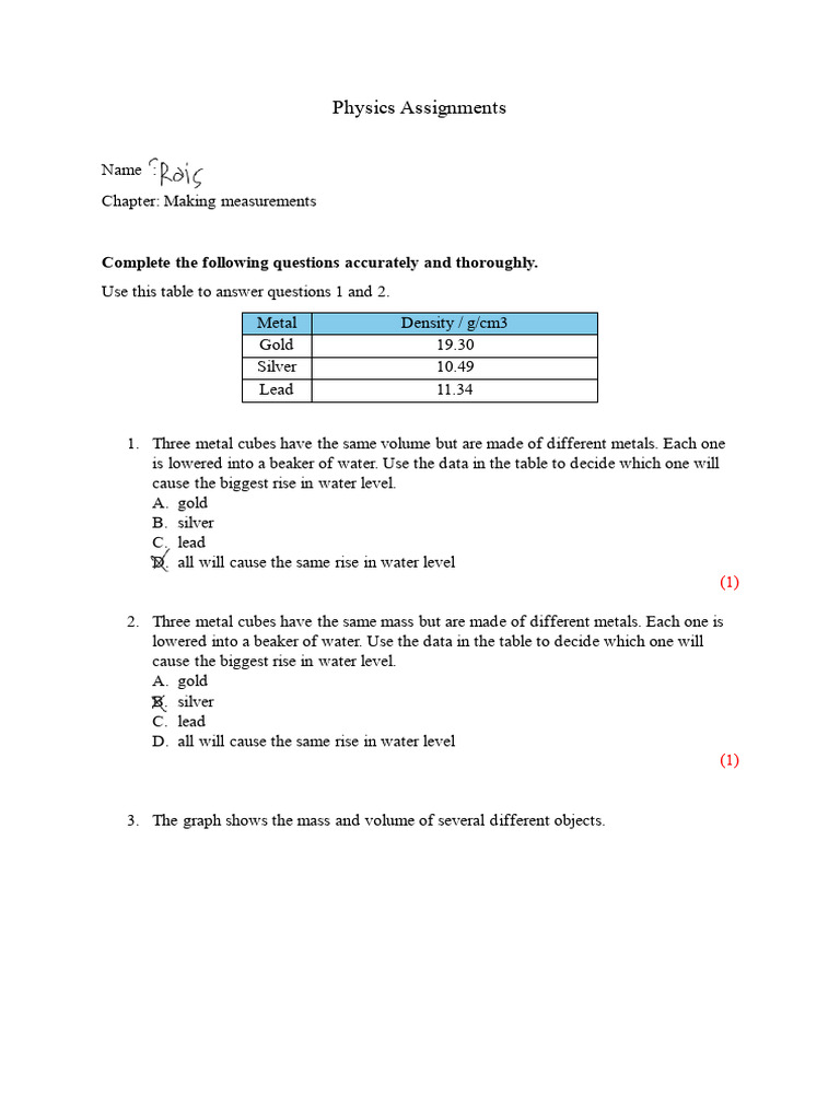 Physics Measurement Assignments Guide | PDF | Density | Volume