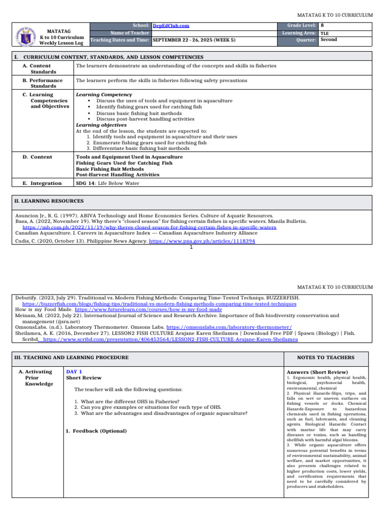 DLL Matatag - Tle 8 Q2 W5 | PDF | Angling | Fishing Rod