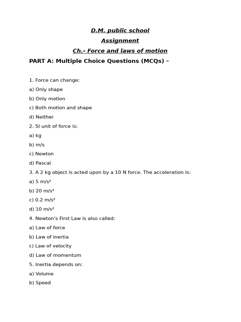 Class 9th Assignment (Force and Laws of Motion) | PDF | Force | Newton's Laws Of Motion