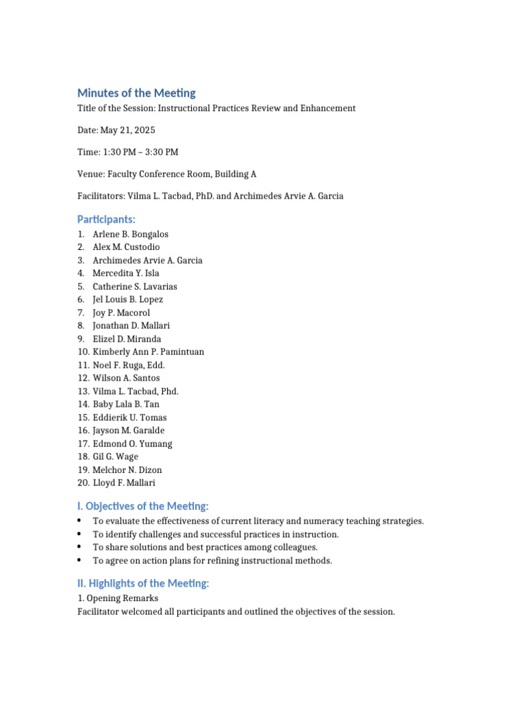 Instructional Practices Meeting Minutes | PDF | Teachers ...