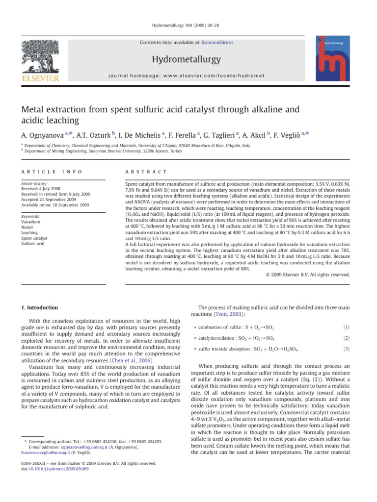 Metal Recovery from Spent Acid Catalyst | PDF | Sulfuric Acid | Catalysis