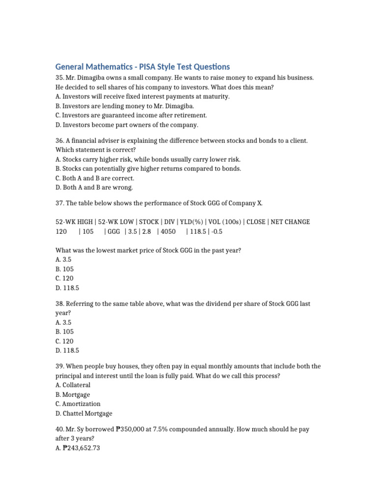 PISA-Style General Math Test Questions | PDF | Bonds (Finance) | Stocks