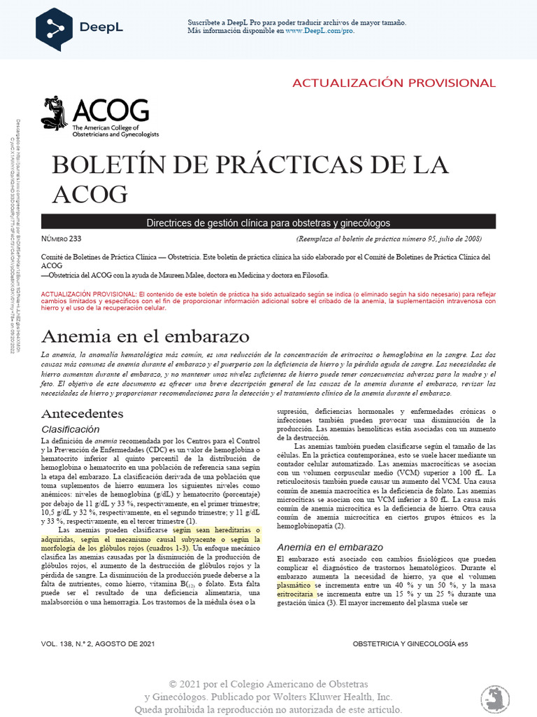 Anemia in Pregnancy Acog Practice Bulletin Number 233 Es | PDF | Anemia ...
