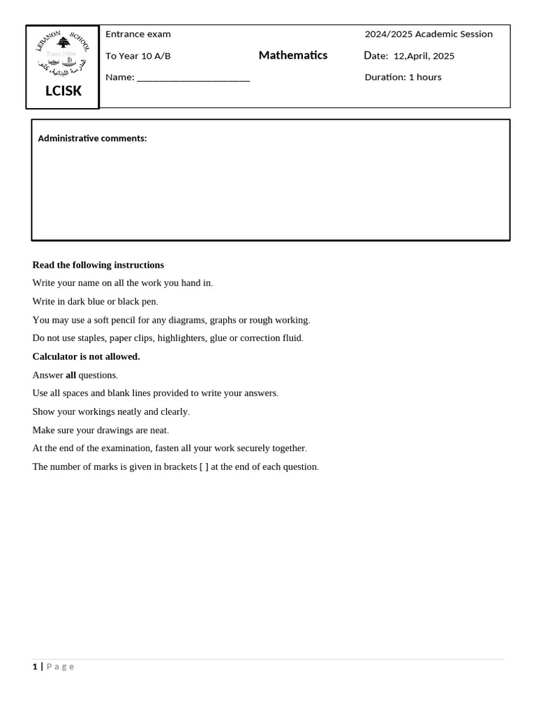 Year 10 Math Enterance Exam Sep 2025 1hr | PDF | Triangle | Shape